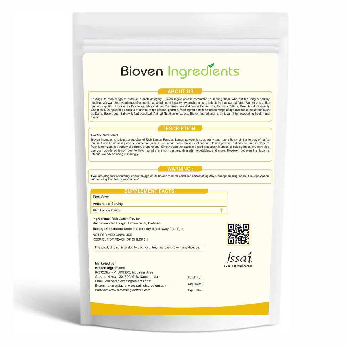 Buy Pure Rich Lemon Powder- Bioven Ingredients | Online Ingredients