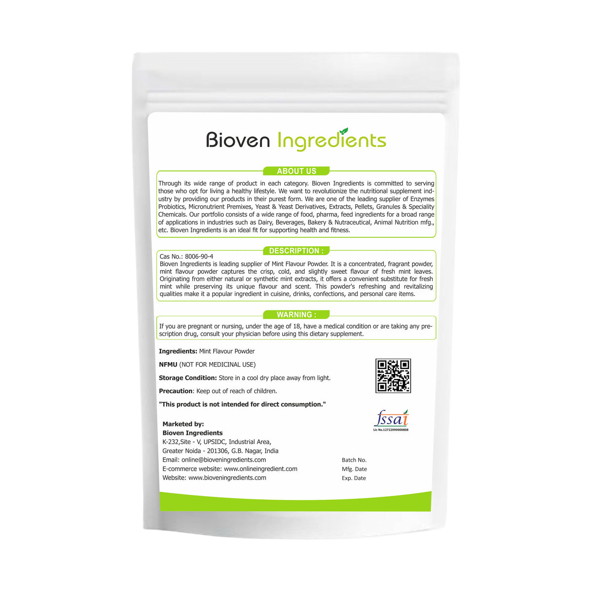 Buy Bioven Ingredients Mint Flavour Powder-125GM Online | Online ...